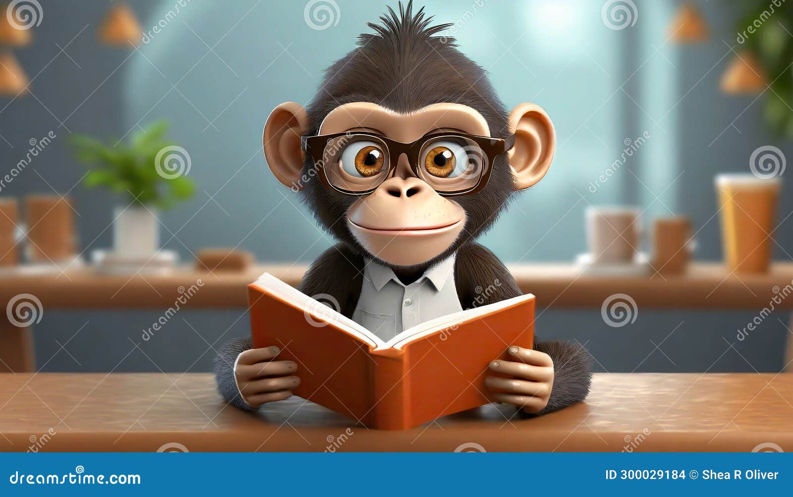 A Cute Monkey Reading A Book In A Coffeeshop Stock Photo ...