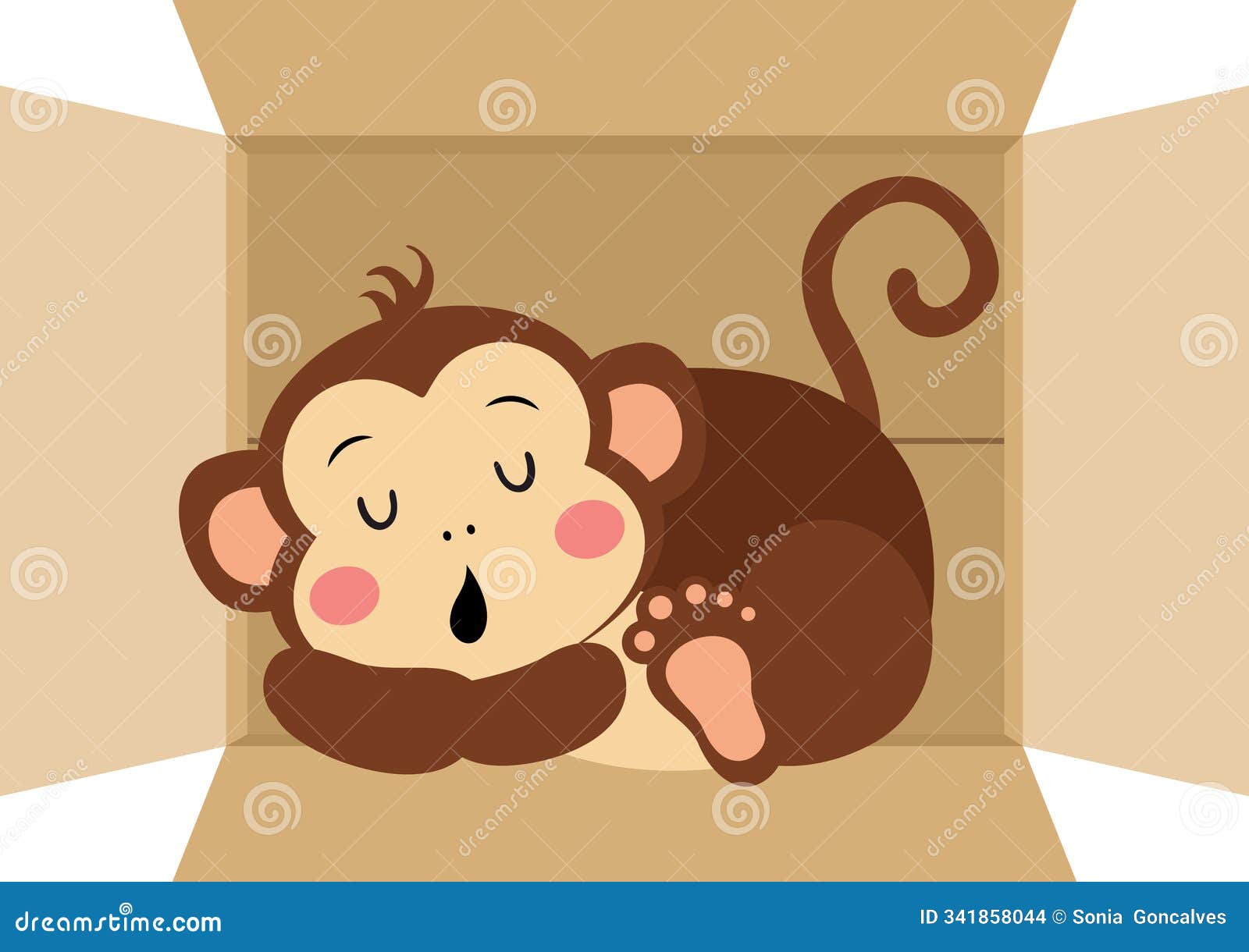 Cute Monkey Sleeping in Cardboard Box Stock Illustration - Illustration ...