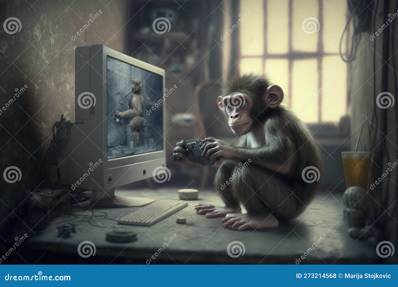 Cute Monkey Using Computer Generative AI Stock Illustration ...