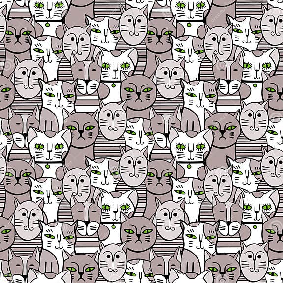 Cute Monochrome Cats. Cartoon Vector Seamless Pattern. Stock Vector ...