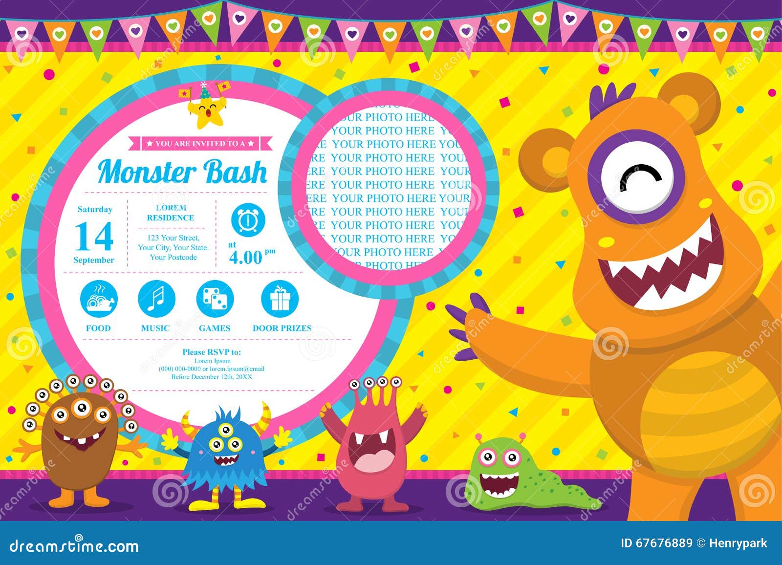 Cute Monster Invitation Birthday Card Stock Vector - Illustration of ...