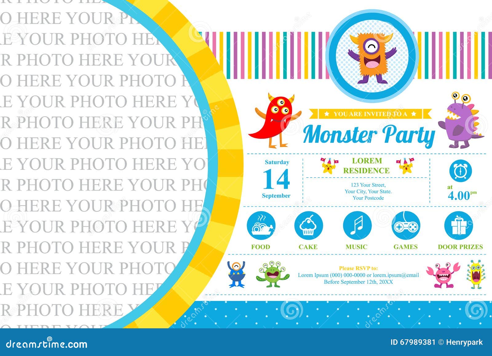 Cute Monster Invitation Birthday Card Stock Vector - Illustration of ...