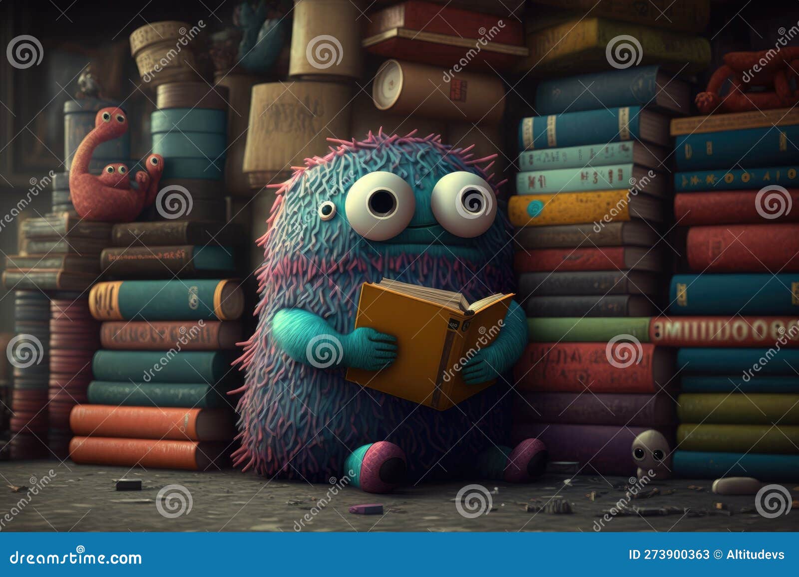 Cute Monster in Library with Stack of Books, Including One about ...
