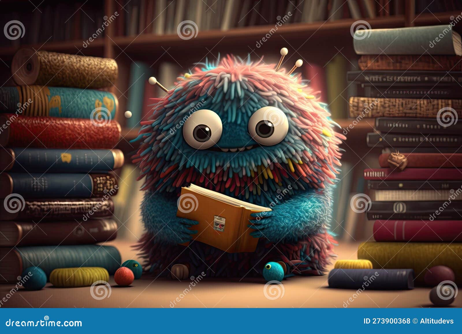 Cute Monster in Library with Stack of Books, Including One about ...