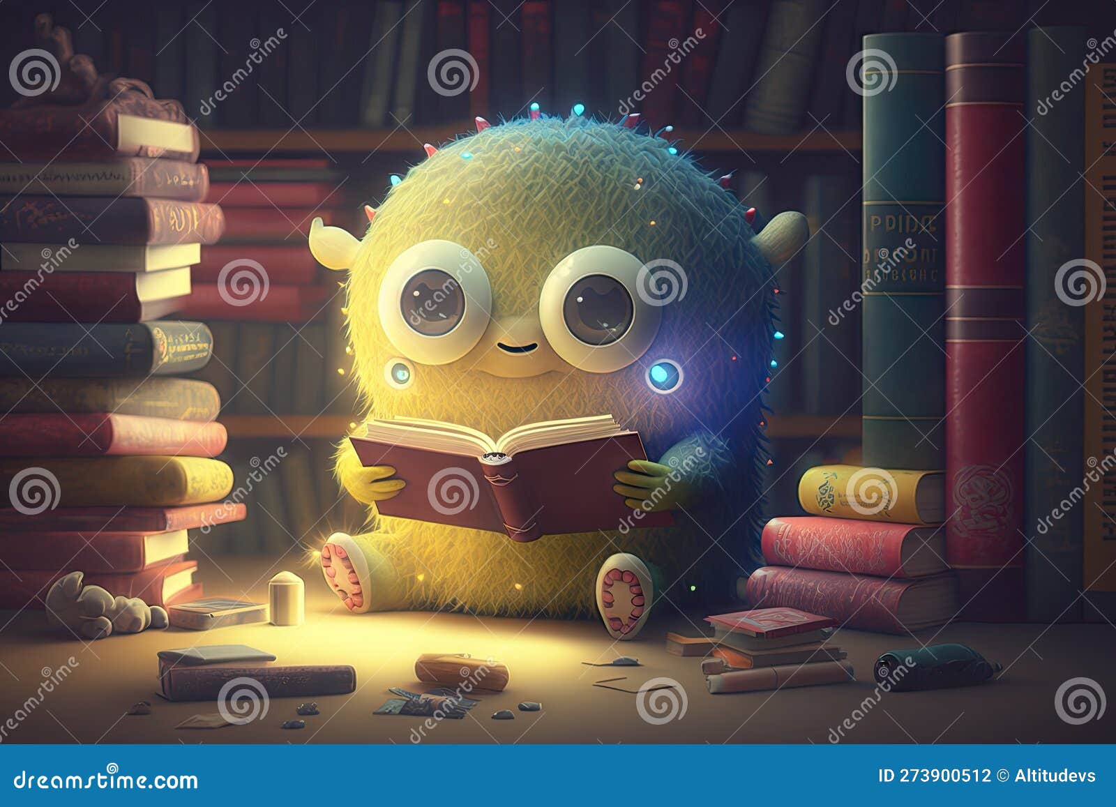 Cute Monster in Library, Surrounded by Books and Reading with ...