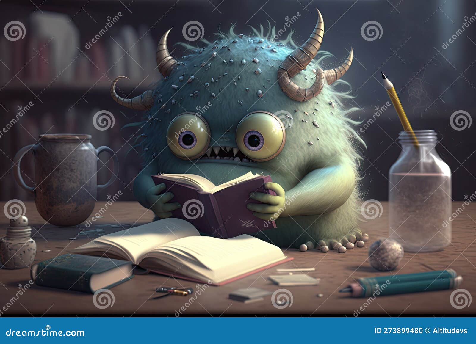 Cute Monster Studies for Important Test, with Books and Notepad on ...