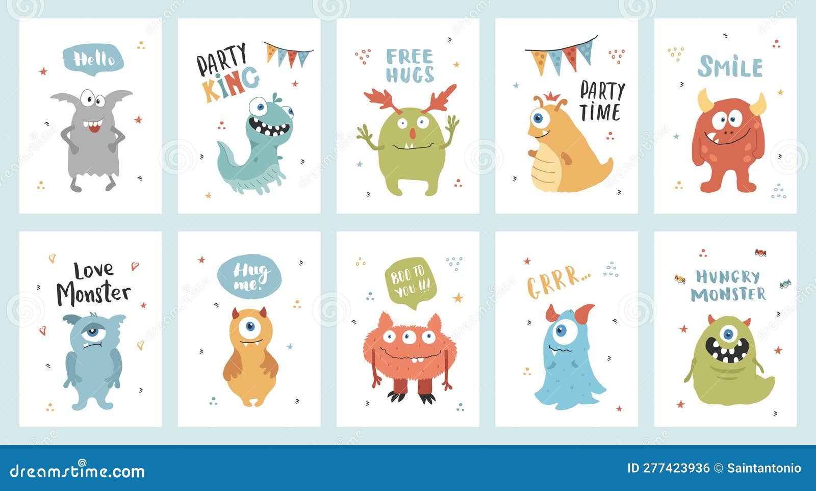 Cute Monsters Cards Set. Cartoon Monsters Collection Stock Vector ...