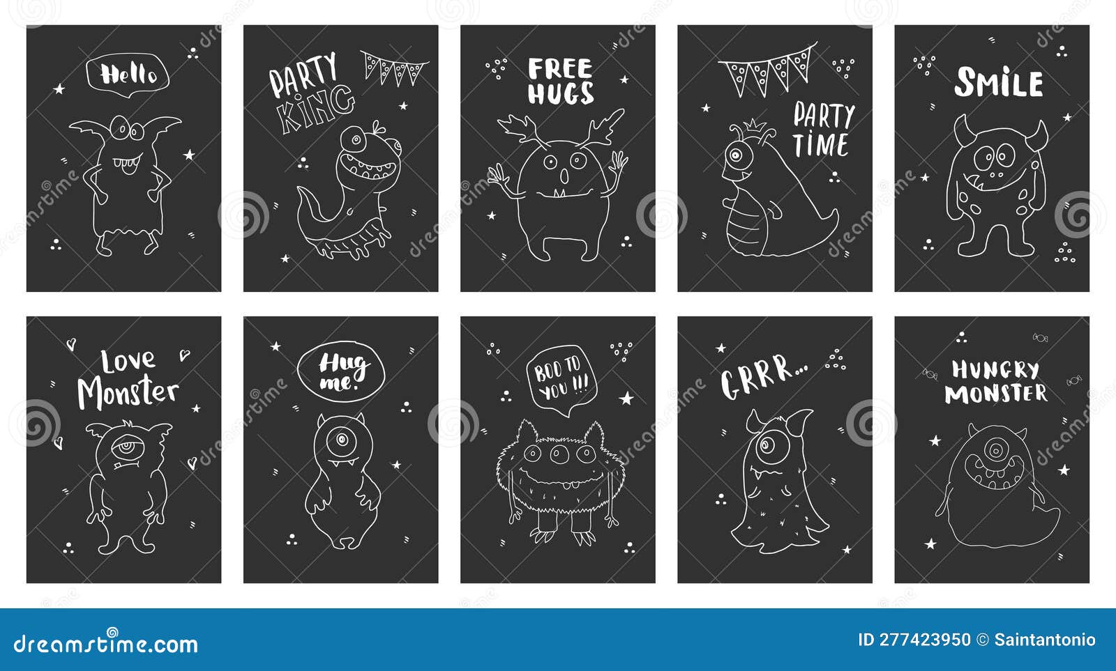 Cute Monsters Cards Set. Cartoon Monsters Collection Stock Vector ...