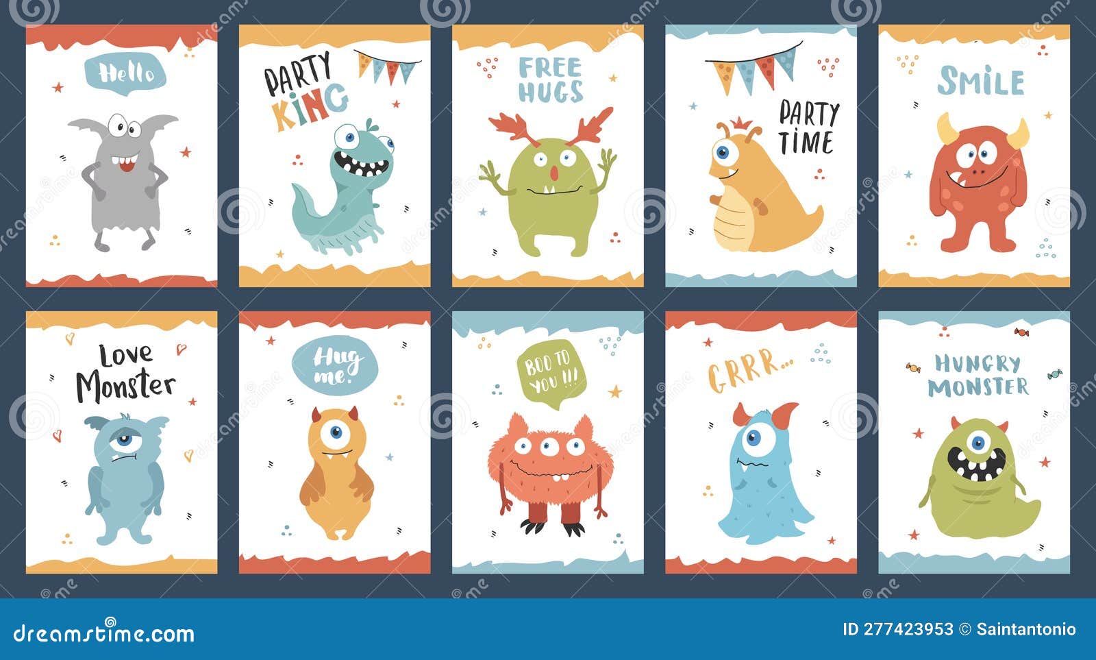 Cute Monsters Cards Set. Cartoon Monsters Collection Stock Vector ...
