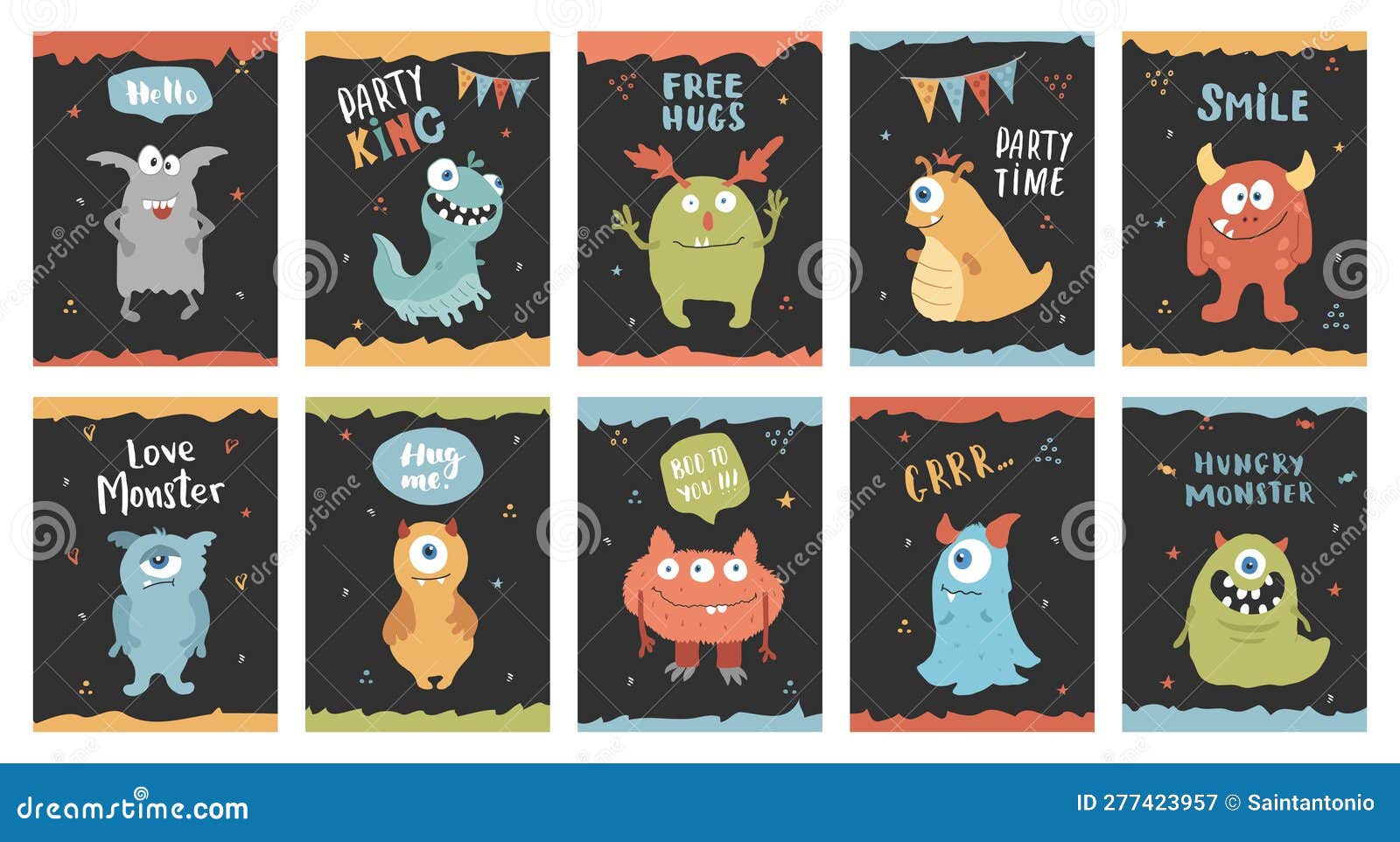 Cute Monsters Cards Set. Cartoon Monsters Collection Stock Vector ...