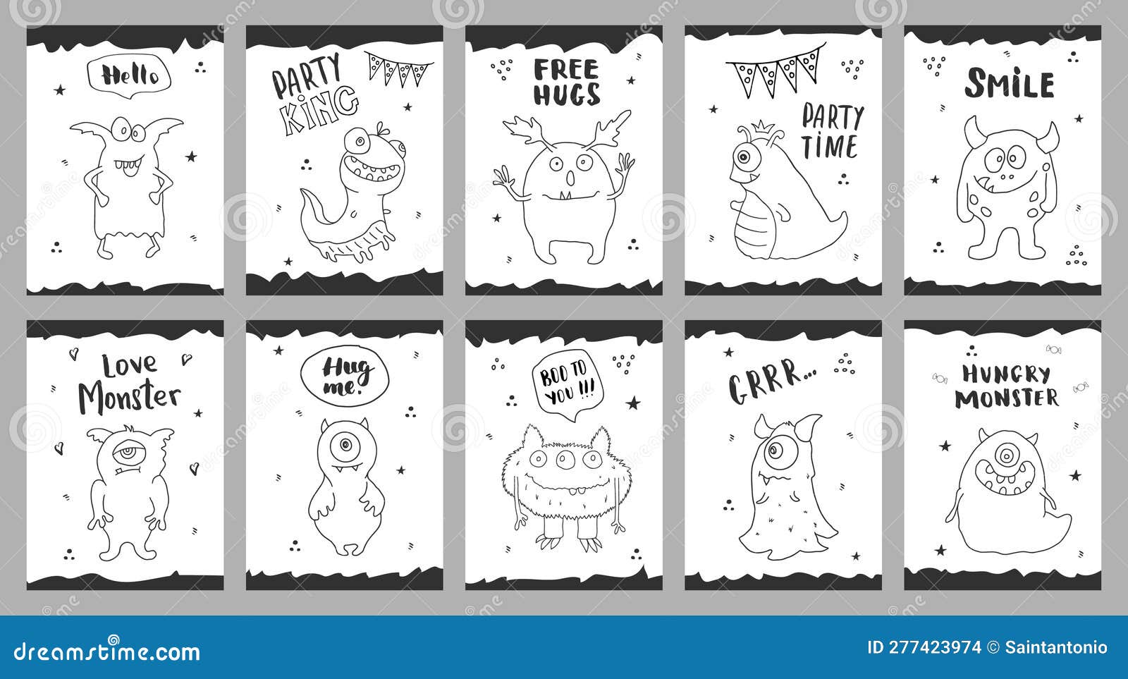 Cute Monsters Cards Set. Cartoon Monsters Collection Stock Vector ...