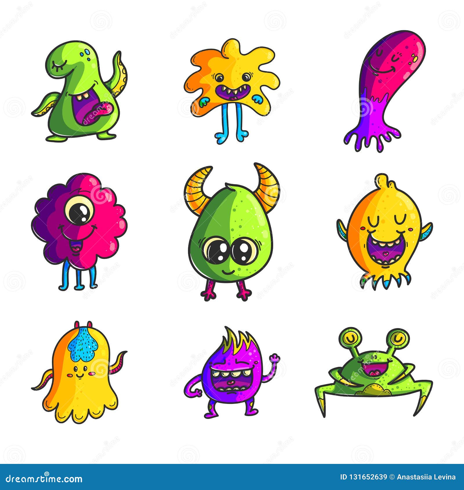 Cute Monsters Color Hand Drawn Characters Set Stock Vector