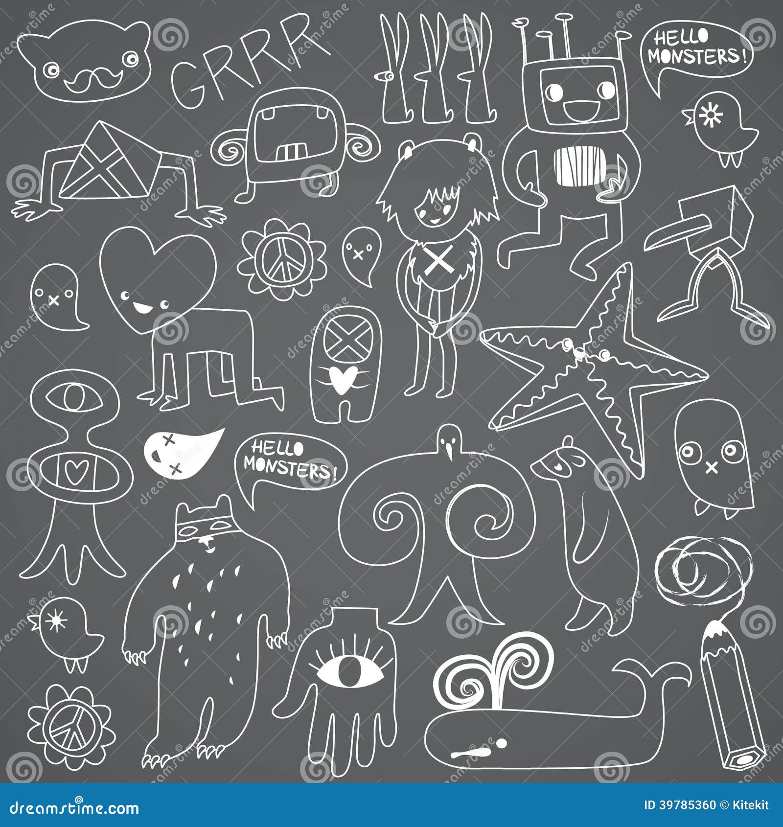 Cute Monsters And Freaks. Black-white. Vector Illustration ...