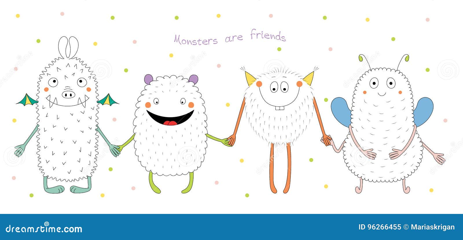 Cute Monsters Holding Hands Stock Vector - Illustration of drawing ...