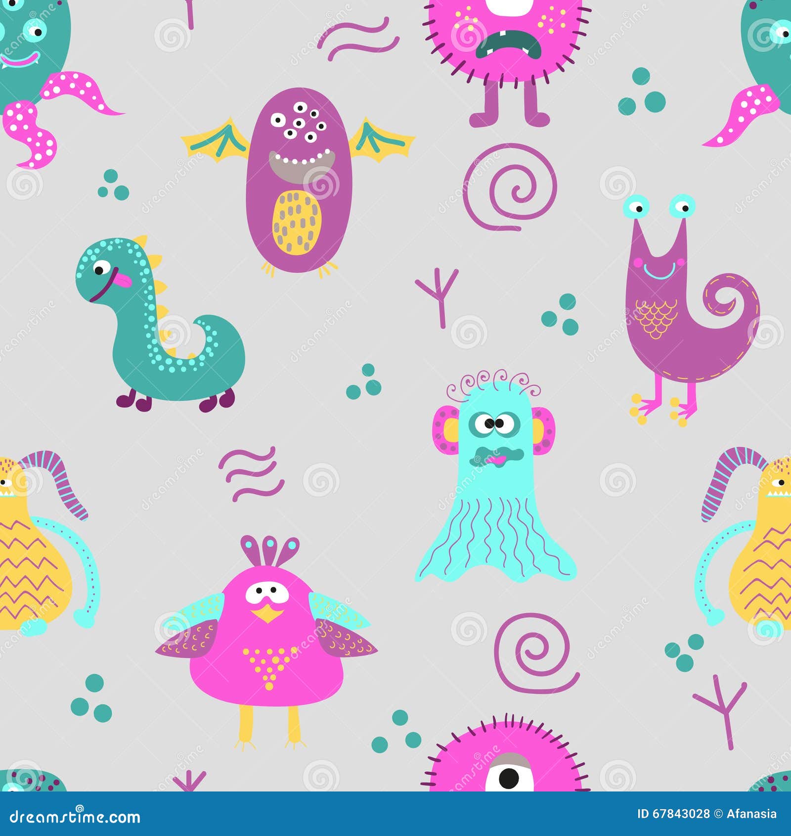 Cute Monsters Seamless Pattern. Stock Vector - Illustration of bright ...