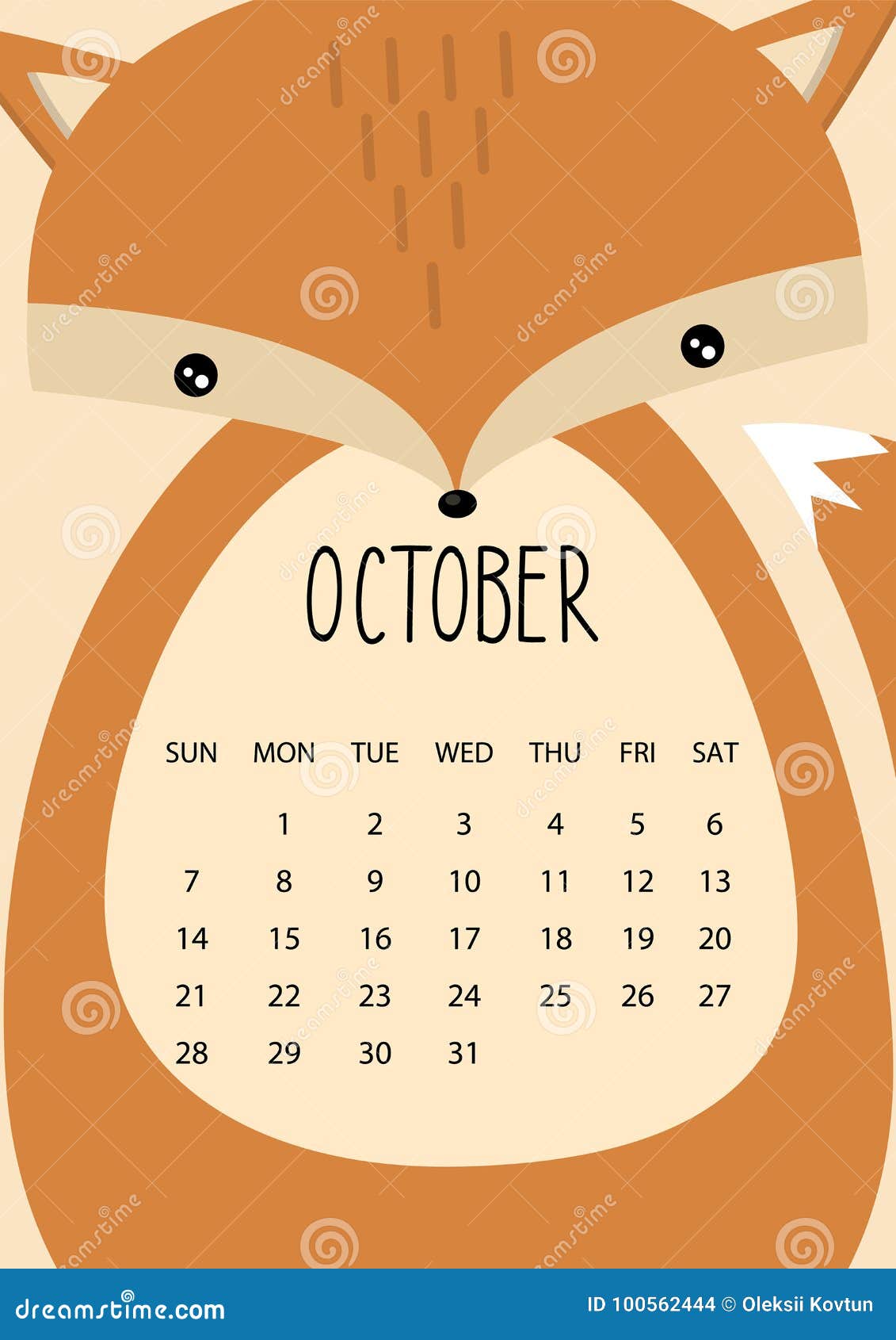 Cute Month Calendar Design for 2018 Year. October. A4 Format Stock ...