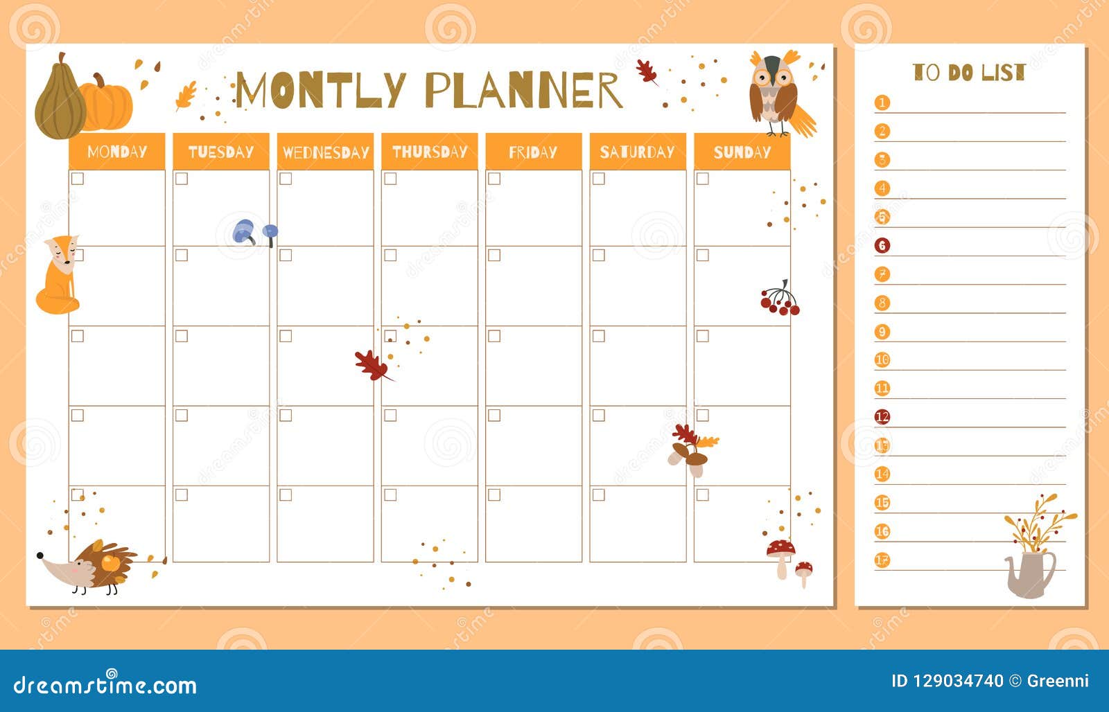 Cute Monthly Planner with Autumn Hand Drawn Elements Stock Vector ...