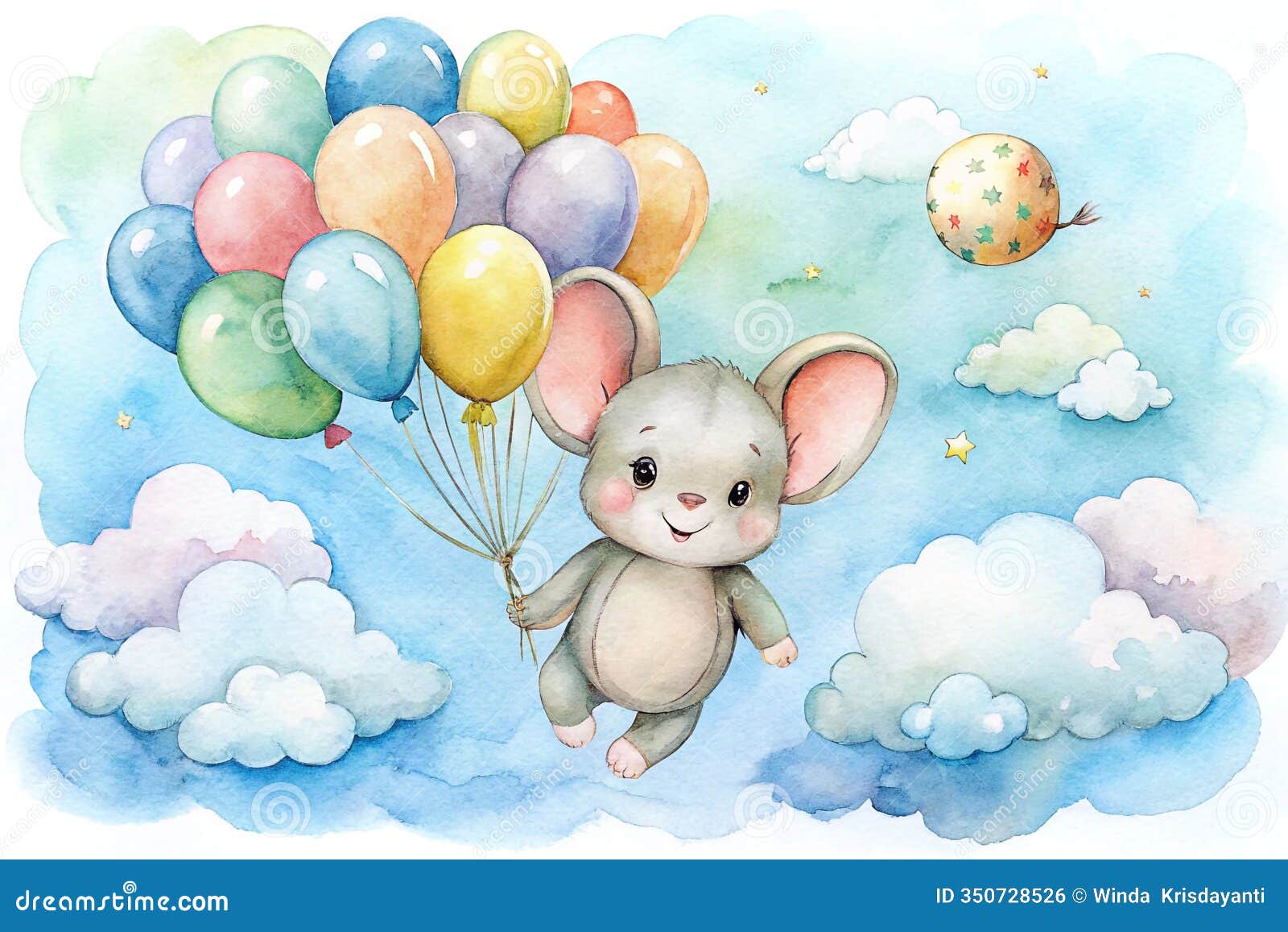 Cute Mouse Flying with Colorful Balloons in Sky Stock Illustration ...