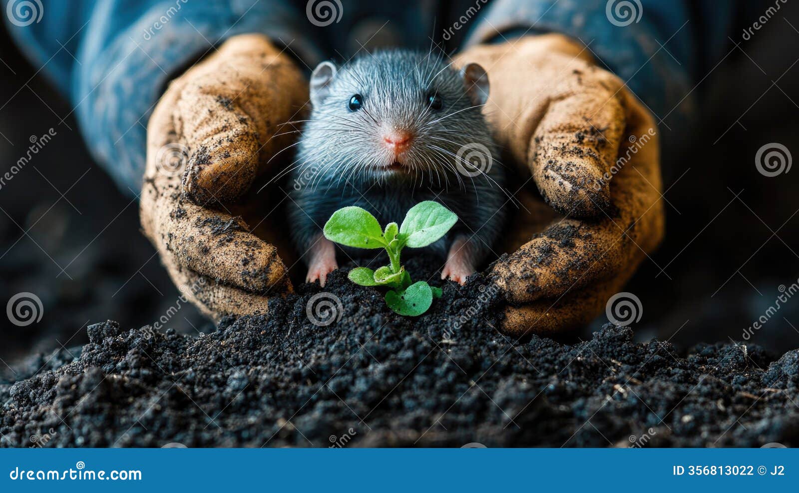 Cute Mouse in Gloved Hands Holding Seedling in Soil Stock Photo - Image ...