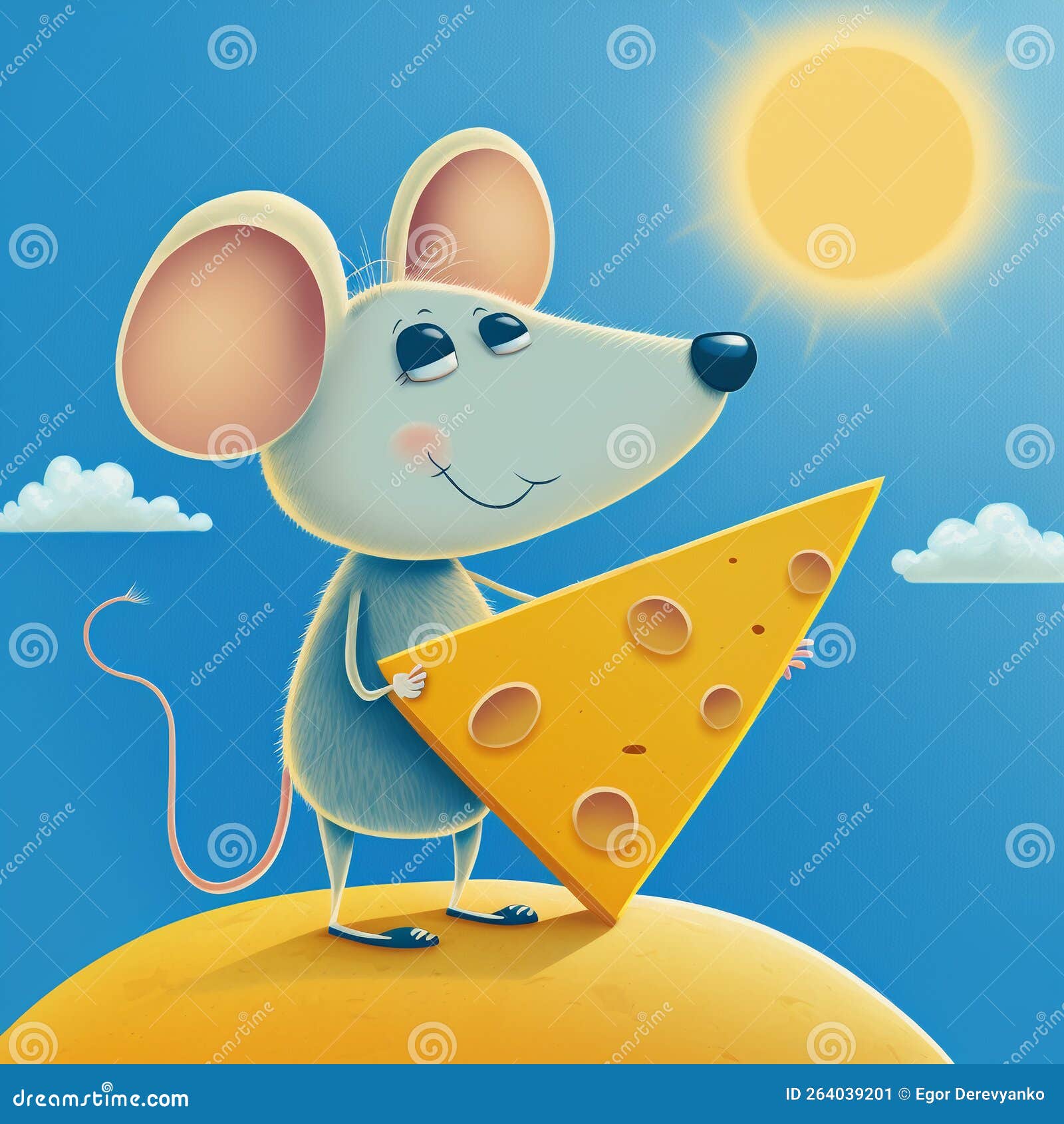 Cute mouse holding cheese stock illustration. Illustration of clouds ...