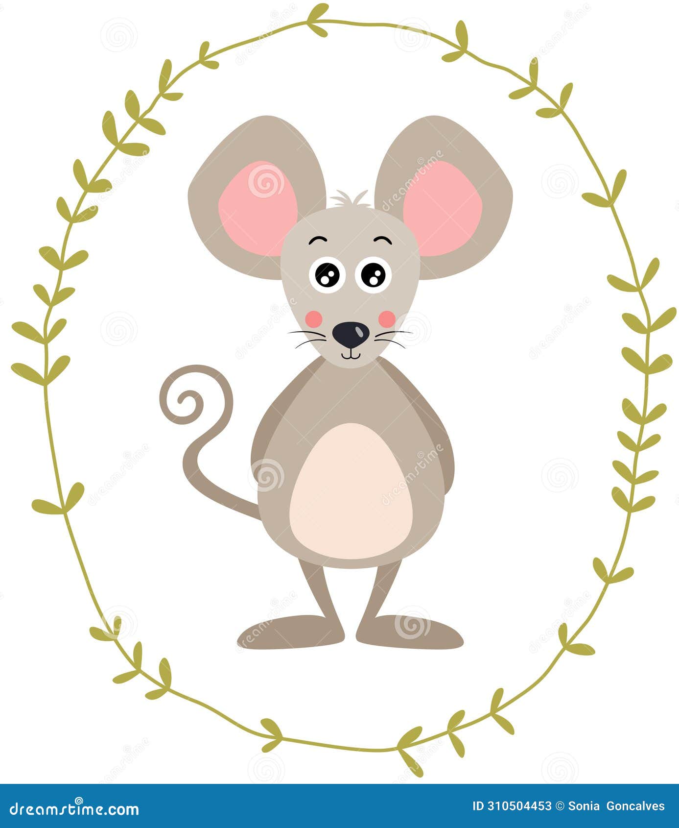 Cute Mouse Inside an Oval Leaves Border Stock Vector - Illustration of ...