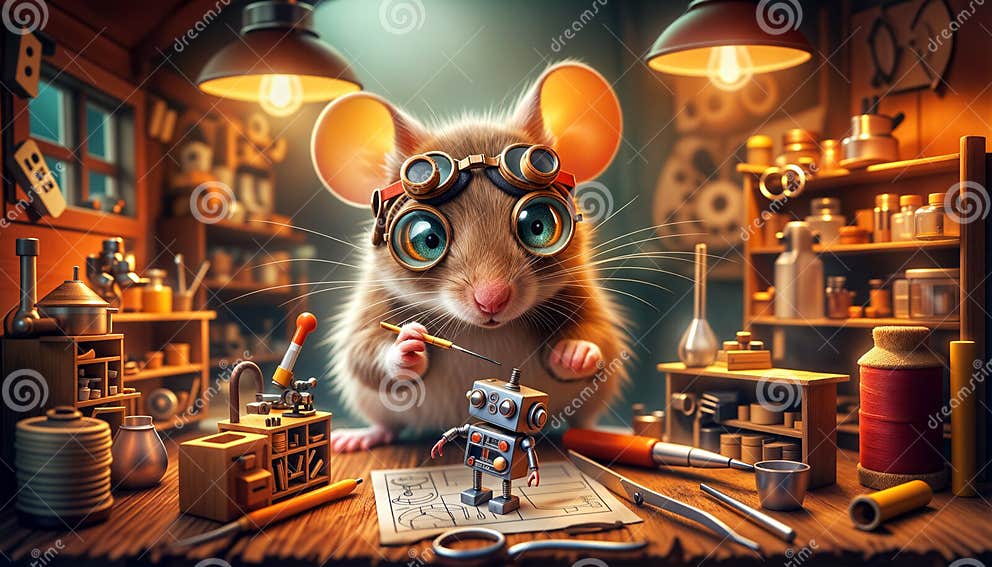 A Cute Mouse Inventor with Goggles Working on a Tiny Robot in a ...