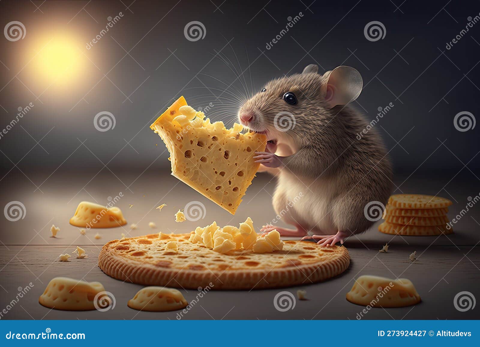Cute Mouse Nibbling on Wedge of Cheese, Surrounded by Smashed Crackers ...