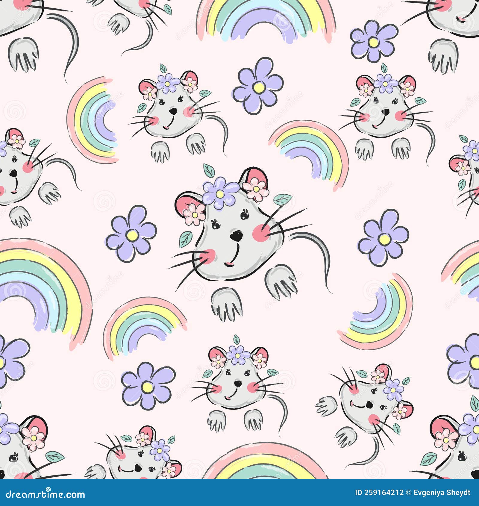 Cute Mouse Rainbow Flowers Pattern Vector Illustration Stock Vector ...