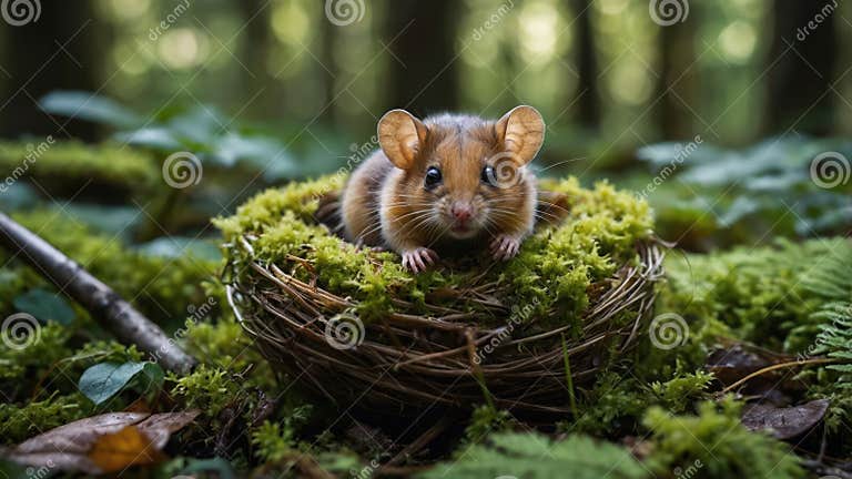 A Cute Mouse Sits in a Mossy Nest, Surrounded by Trees in a Serene ...