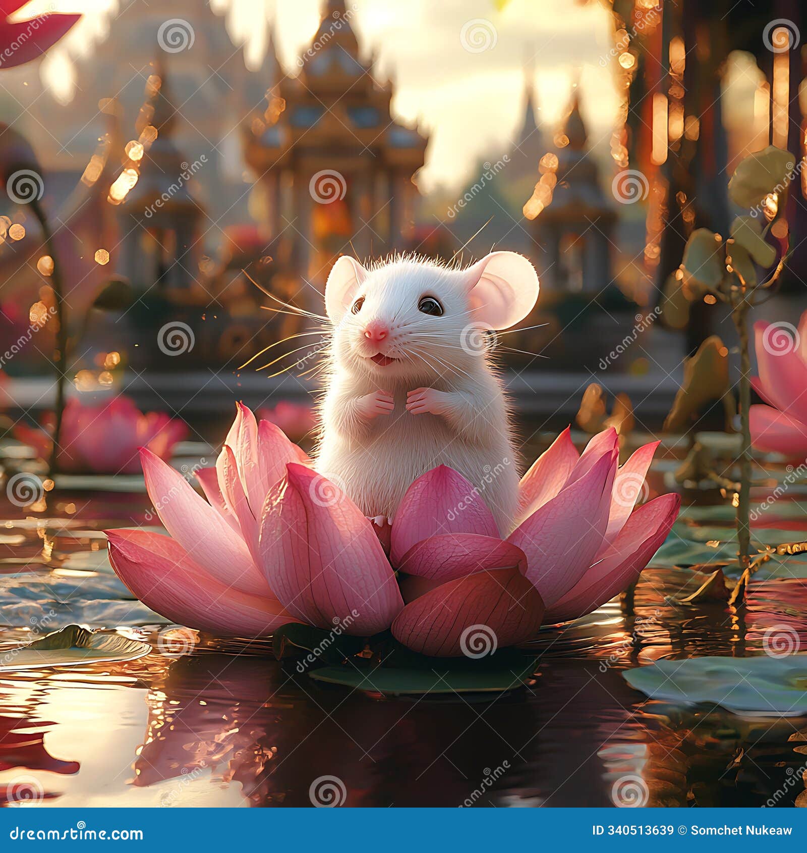 Cute Mouse Sitting on Pink Lotus Flower at Sunset Stock Illustration ...