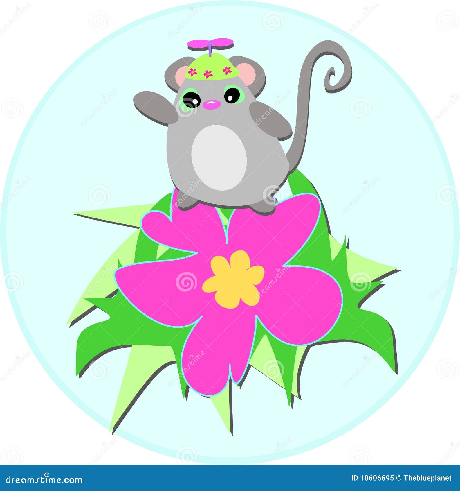 Cute Mouse with Spinner Hat on Hibiscus Flower Stock Vector ...