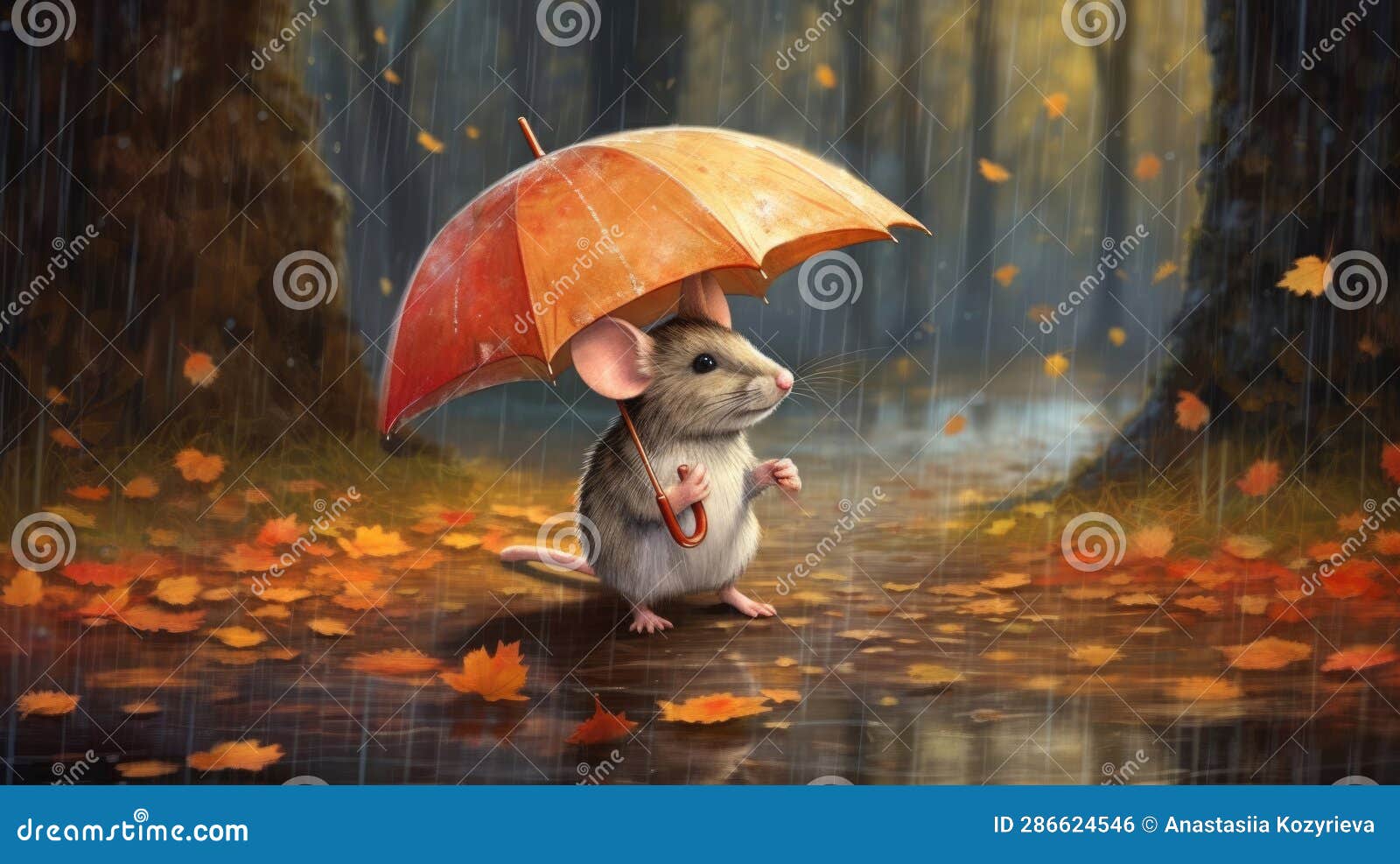 Cute Mouse with an Umbrella in the Rain in the Autumn Forest. Stock ...