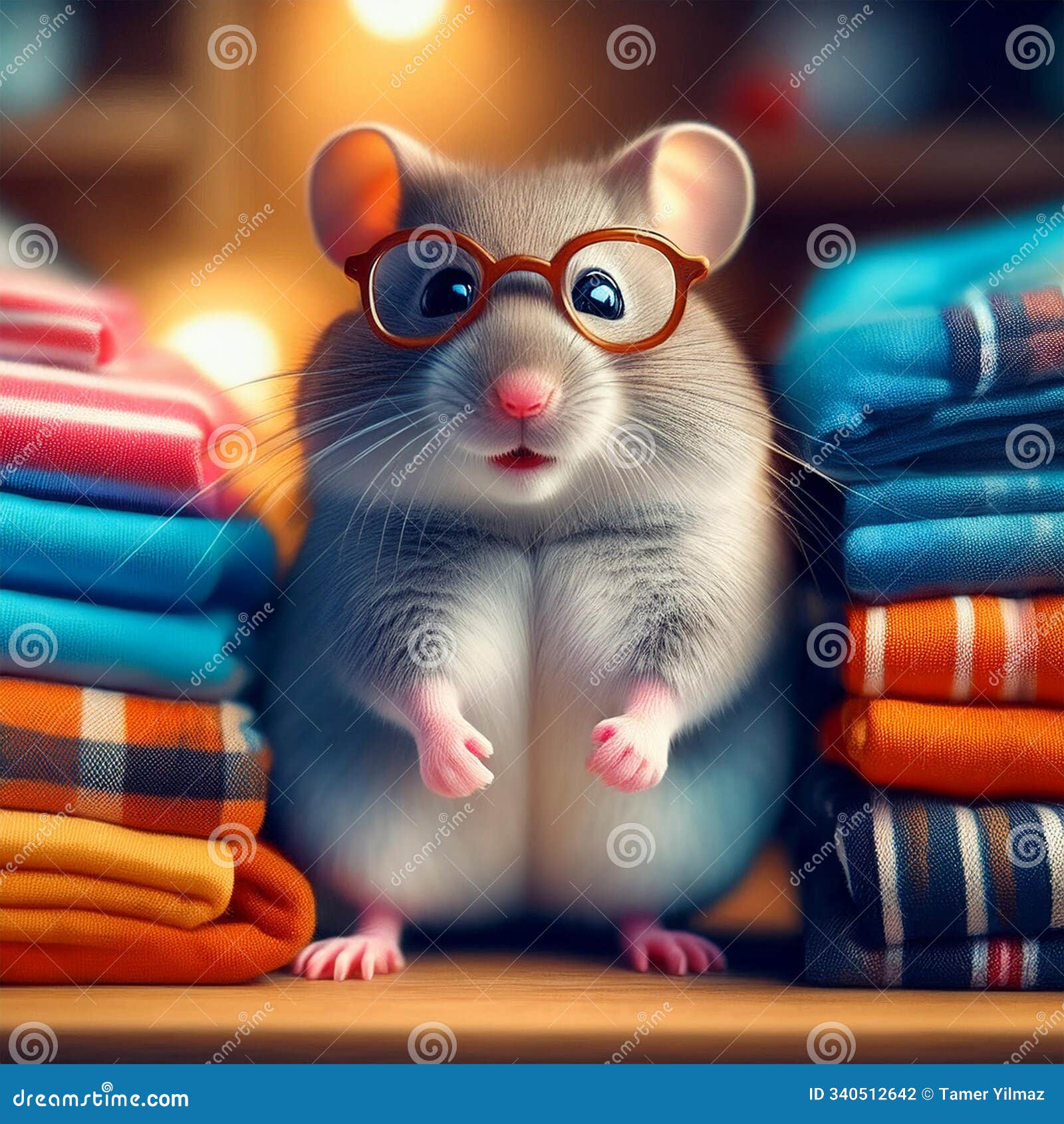 A Cute Mouse Wearing Glasses among the Piles of Clothes Stock ...