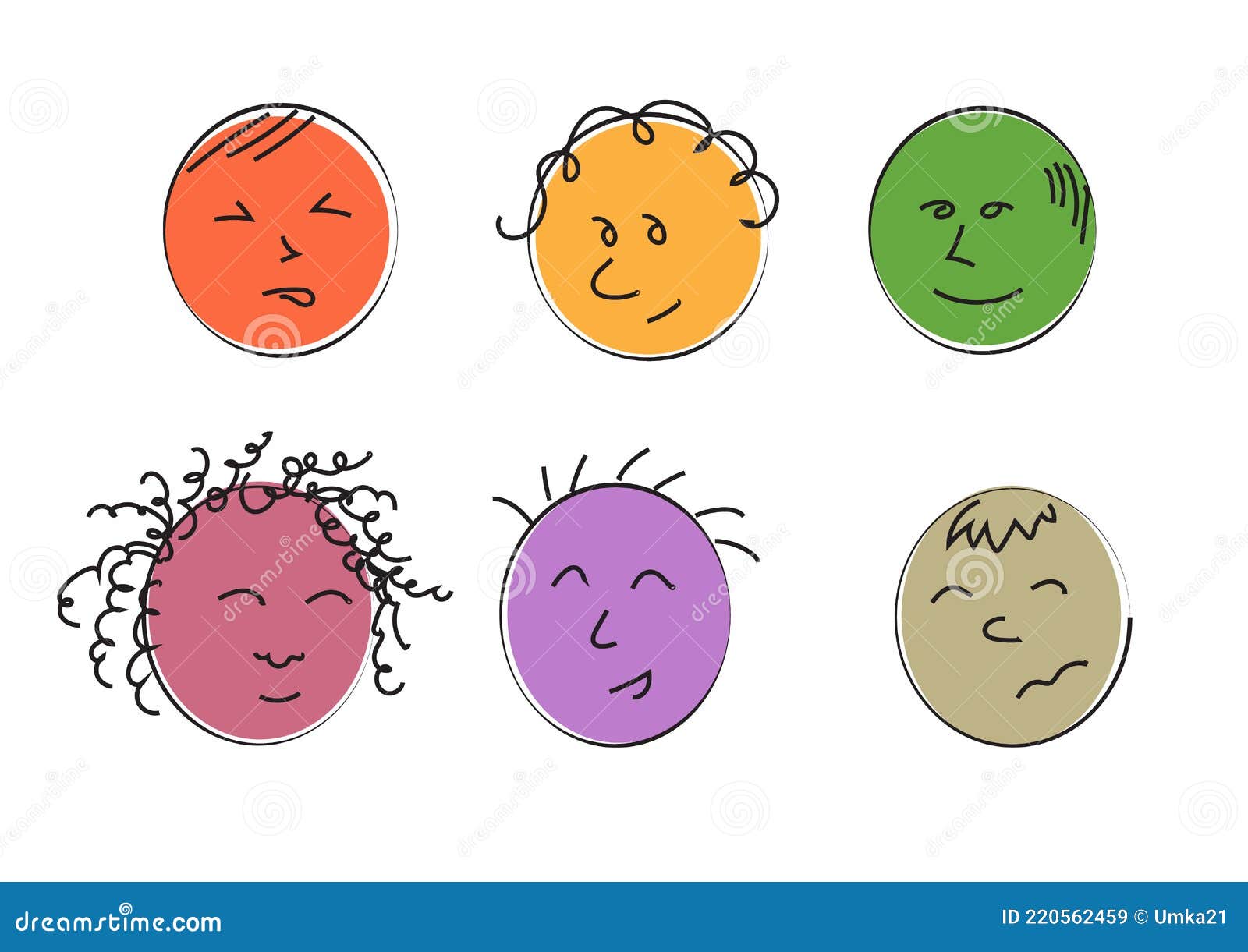 Cute Multicolored Six People Faces Different Emotions. Stock Vector ...