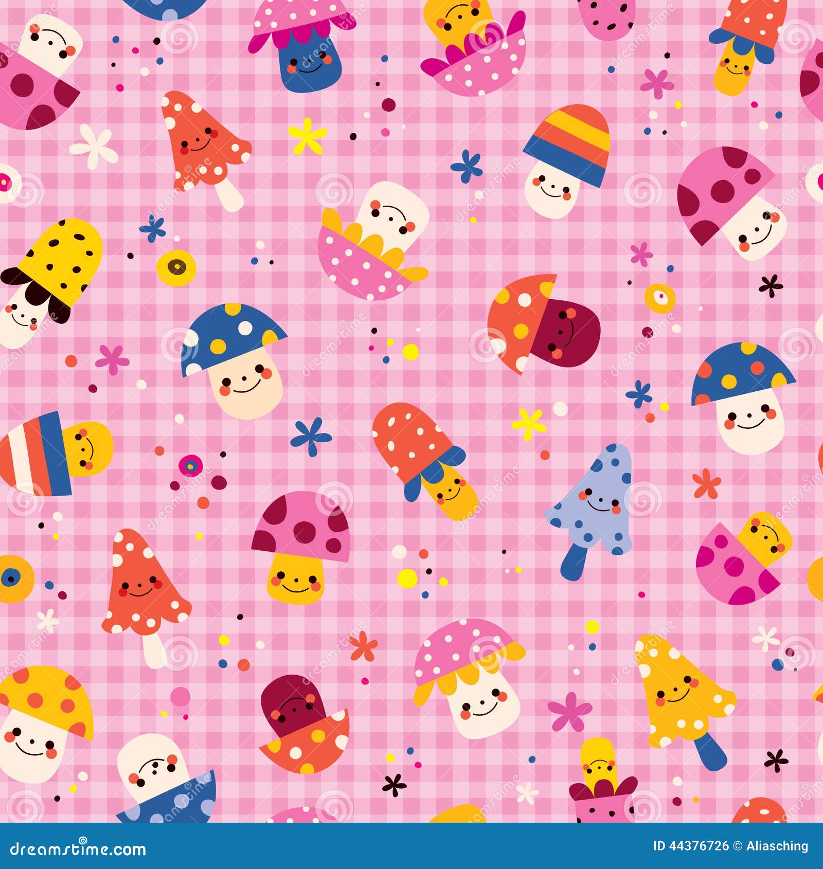 Cute Mushrooms Characters Nature Pink Seamless Pattern Stock Vector ...