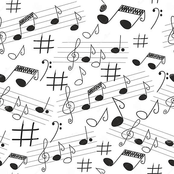 Cute Musical Vector Seamless Pattern, Black and White Hand Drawn ...