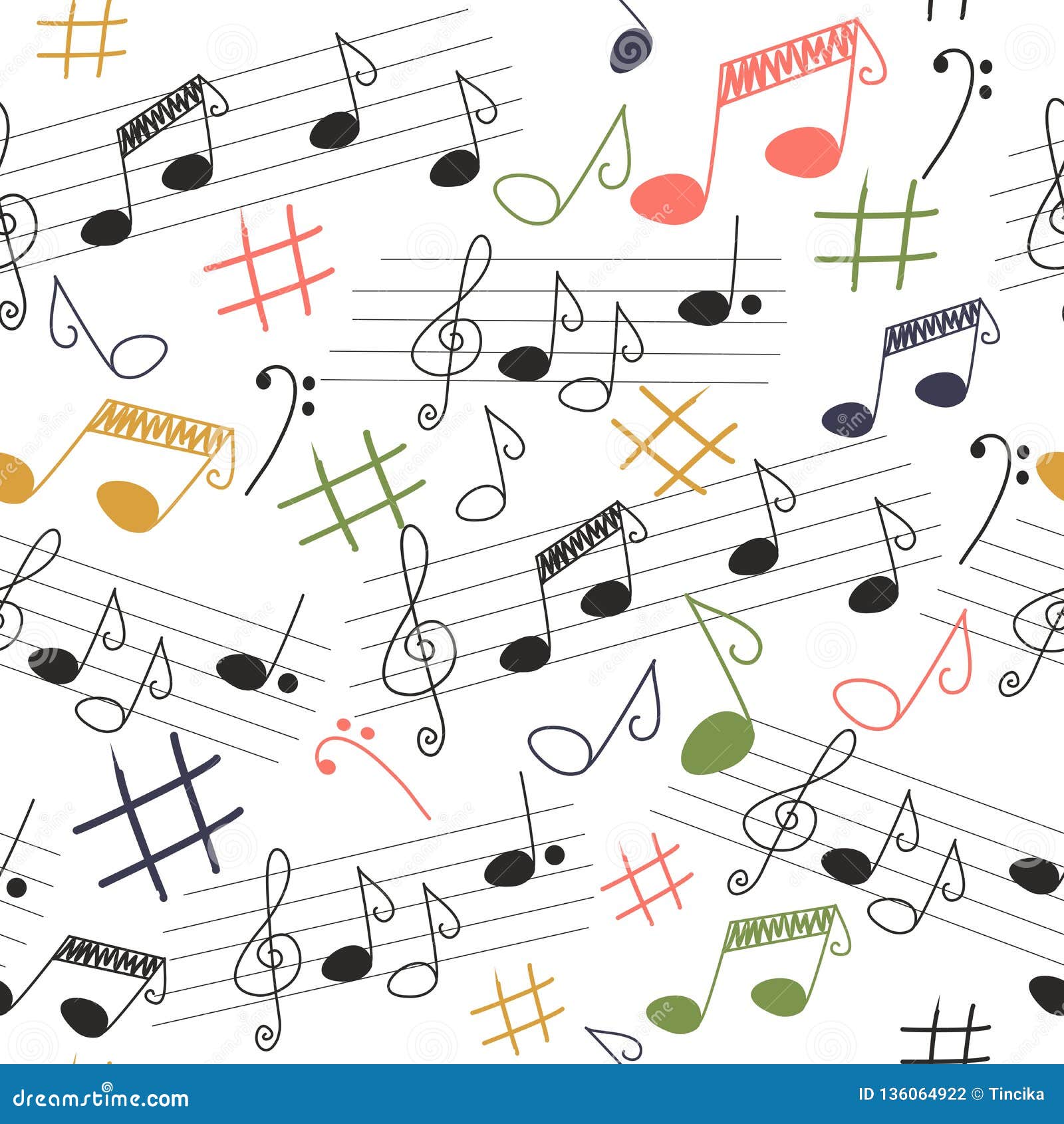 Cute Musical Vector Seamless Pattern, Colorful Hand Drawn Elements ...