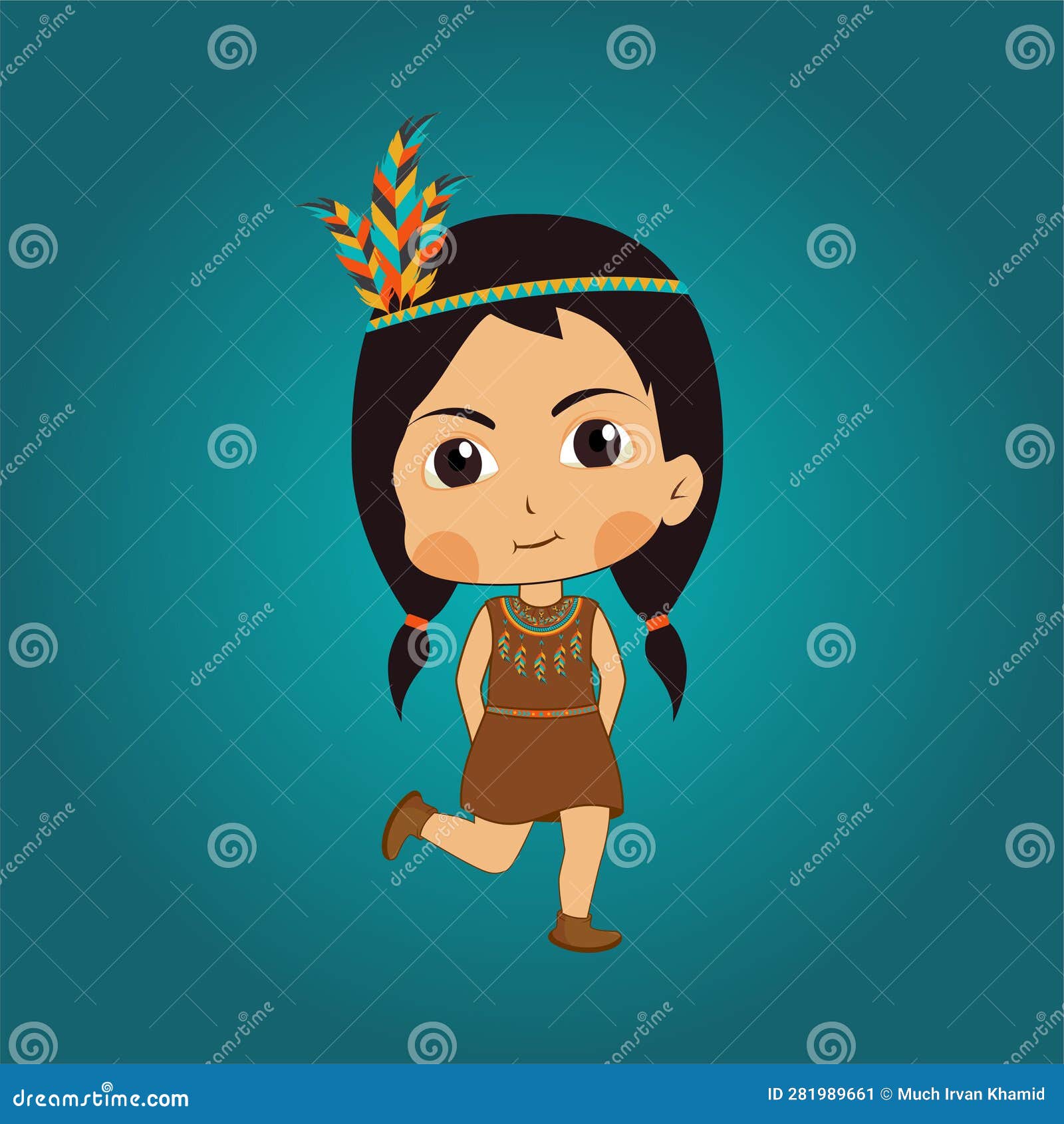 Cute Native American Indian Girl Vector Illustration Stock Vector