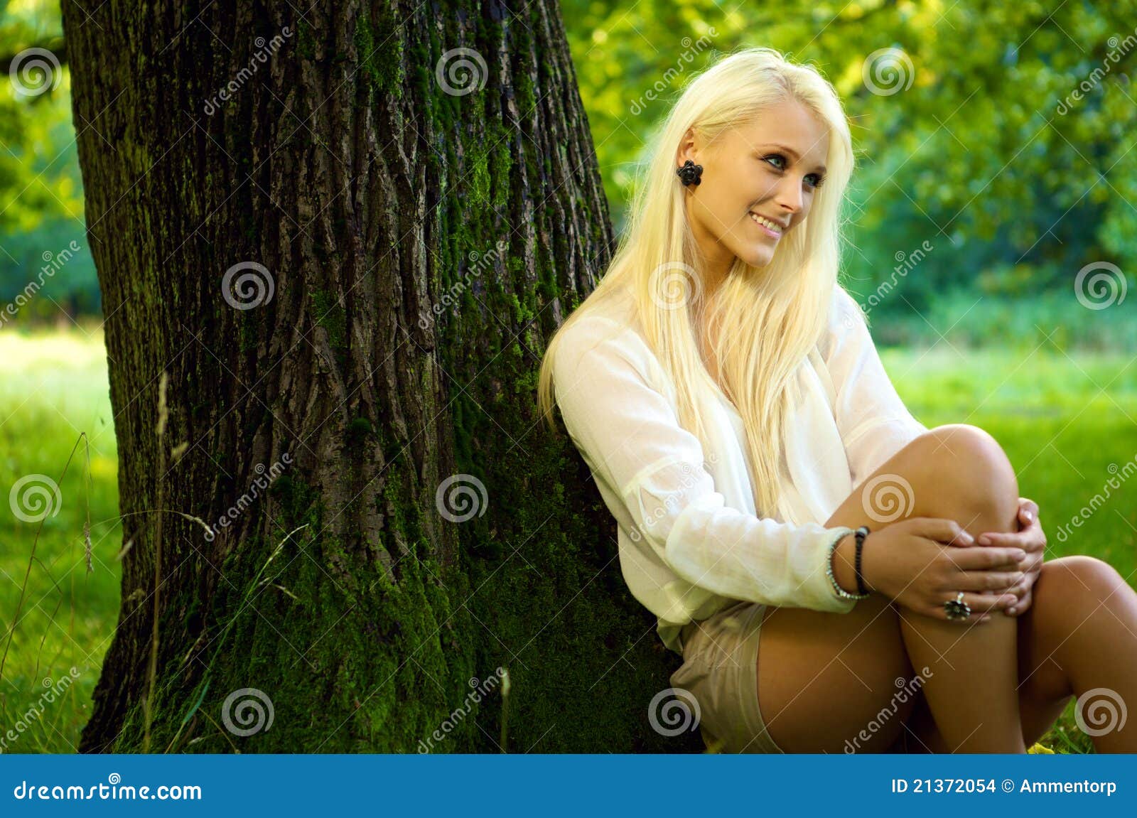 Cute Natural Beauty Relaxing Against a Tree Stock Photo - Image of girl ...