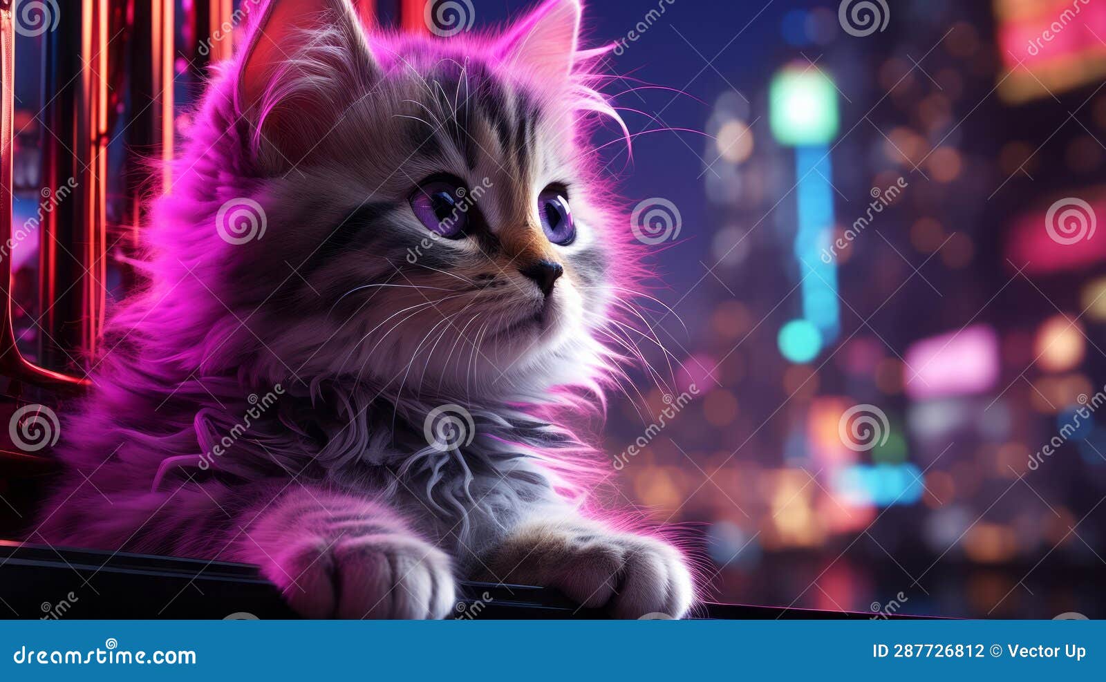 Cute Neon Art with a Kitten. Generative AI. Stock Illustration ...