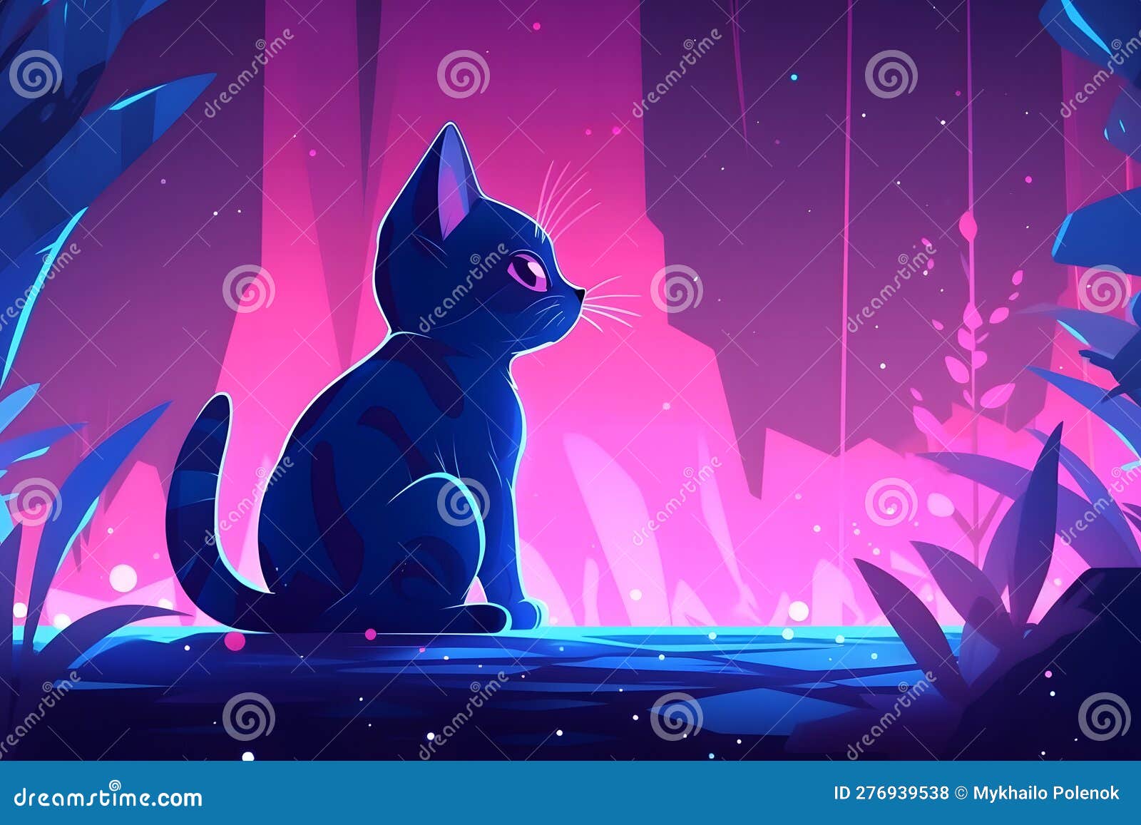 Cute Neon Art with a Kitten. Neural Network AI Generated Stock ...