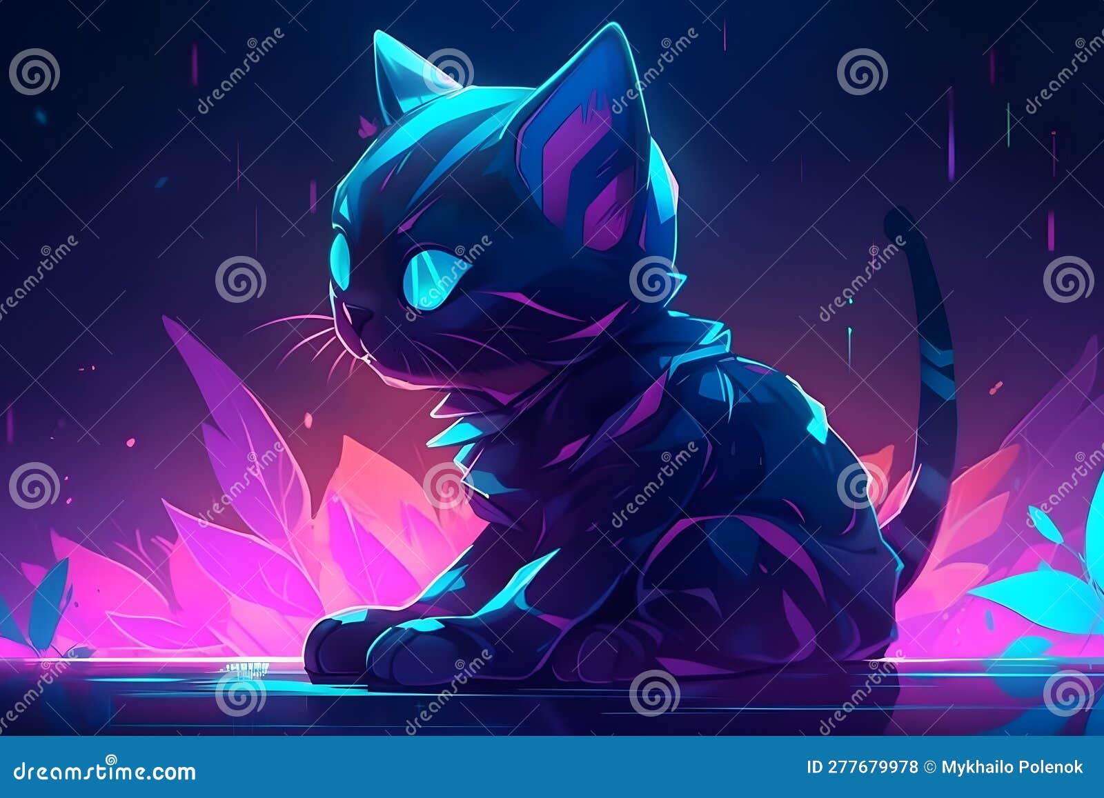 Cute Neon Art with a Kitten. Neural Network AI Generated Stock ...