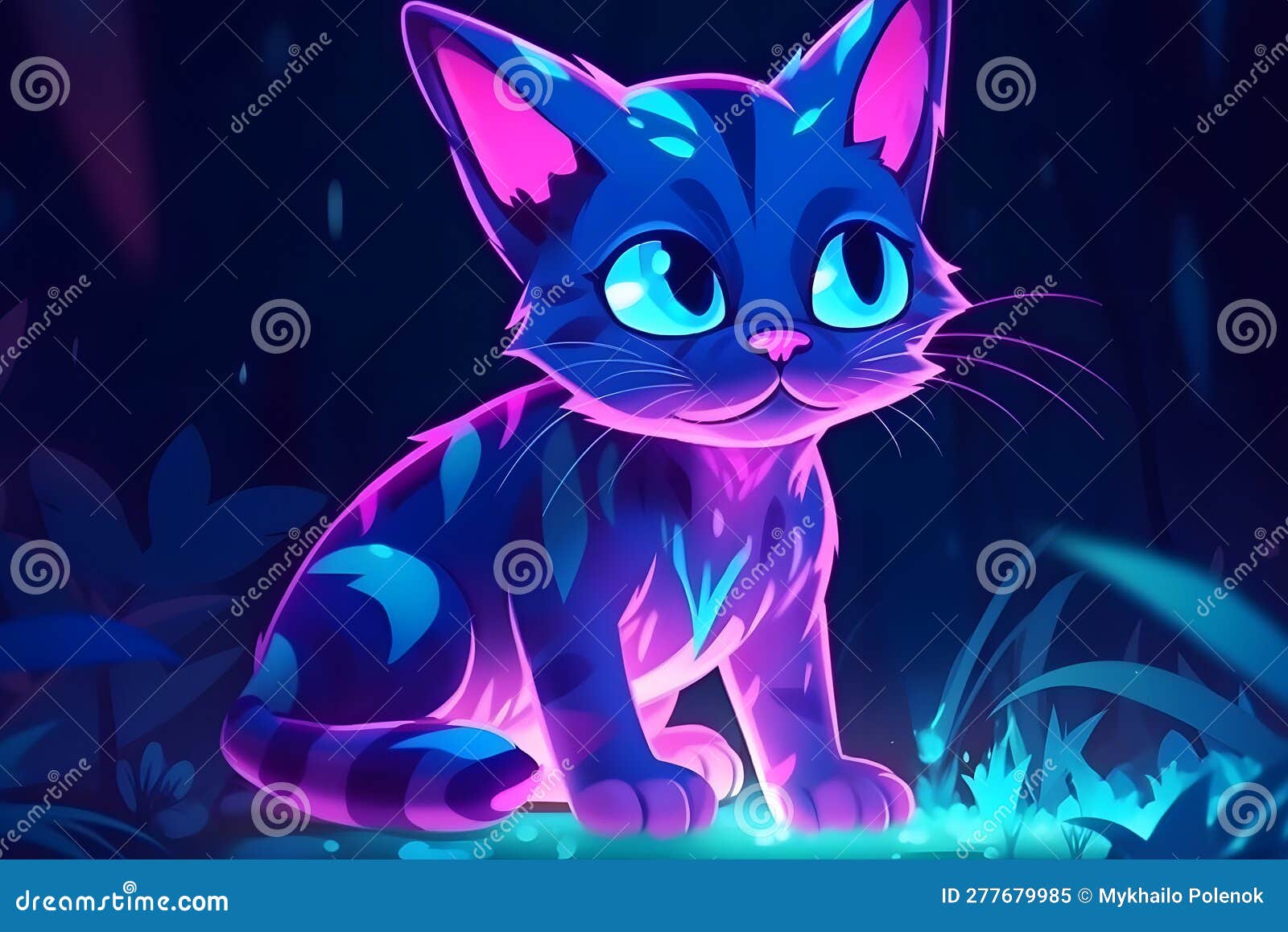 Cute Neon Art with a Kitten. Neural Network AI Generated Stock ...