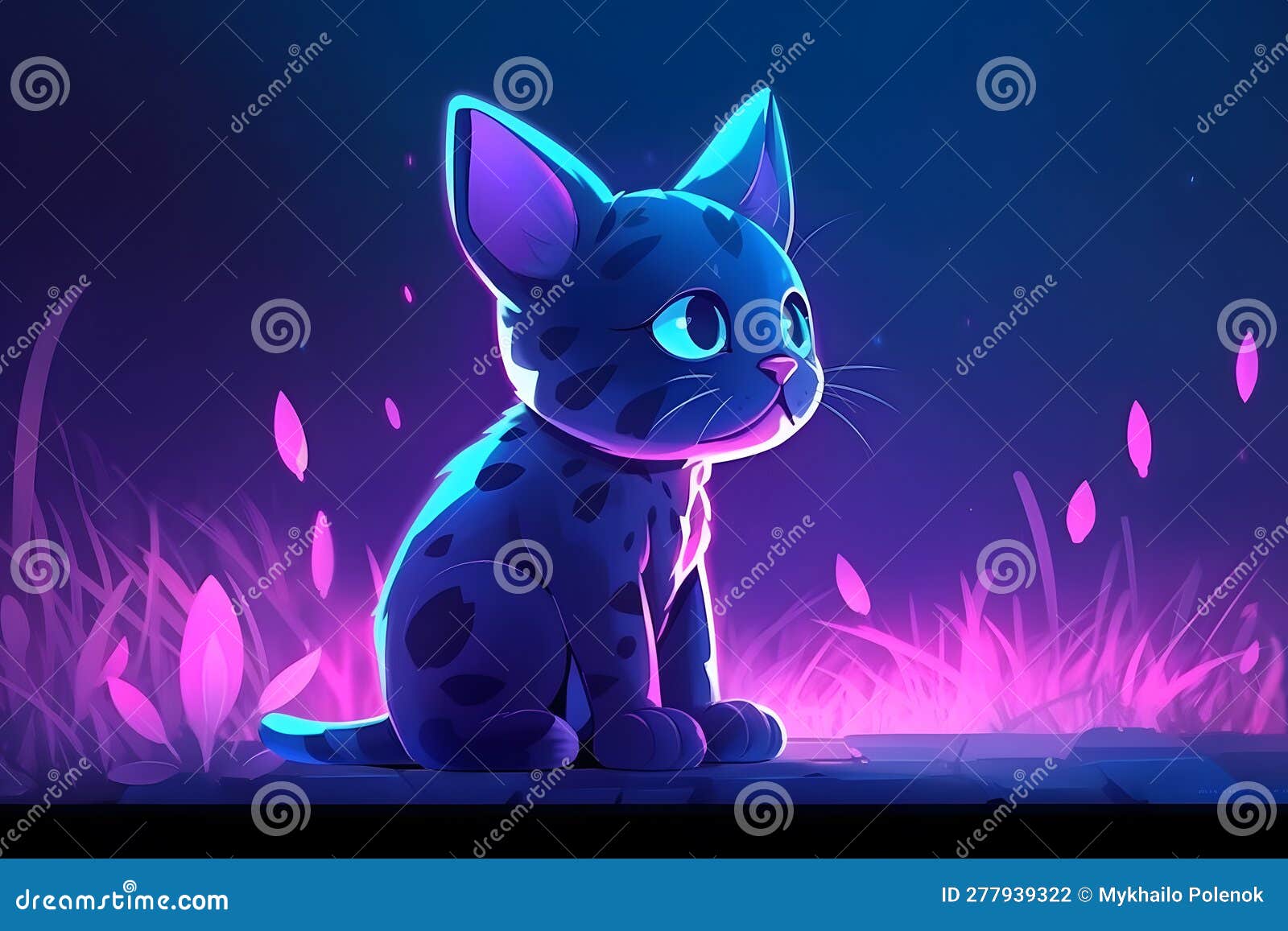Cute Neon Art with a Kitten. Neural Network AI Generated Stock ...