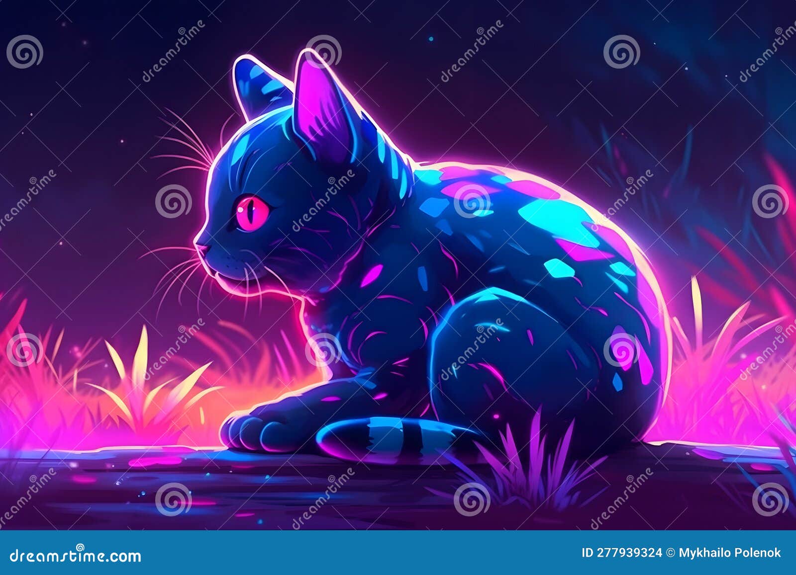 Cute Neon Art with a Kitten. Neural Network AI Generated Stock ...