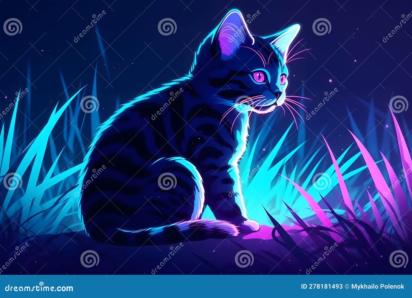 Cute Neon Art with a Kitten. Neural Network AI Generated Stock ...