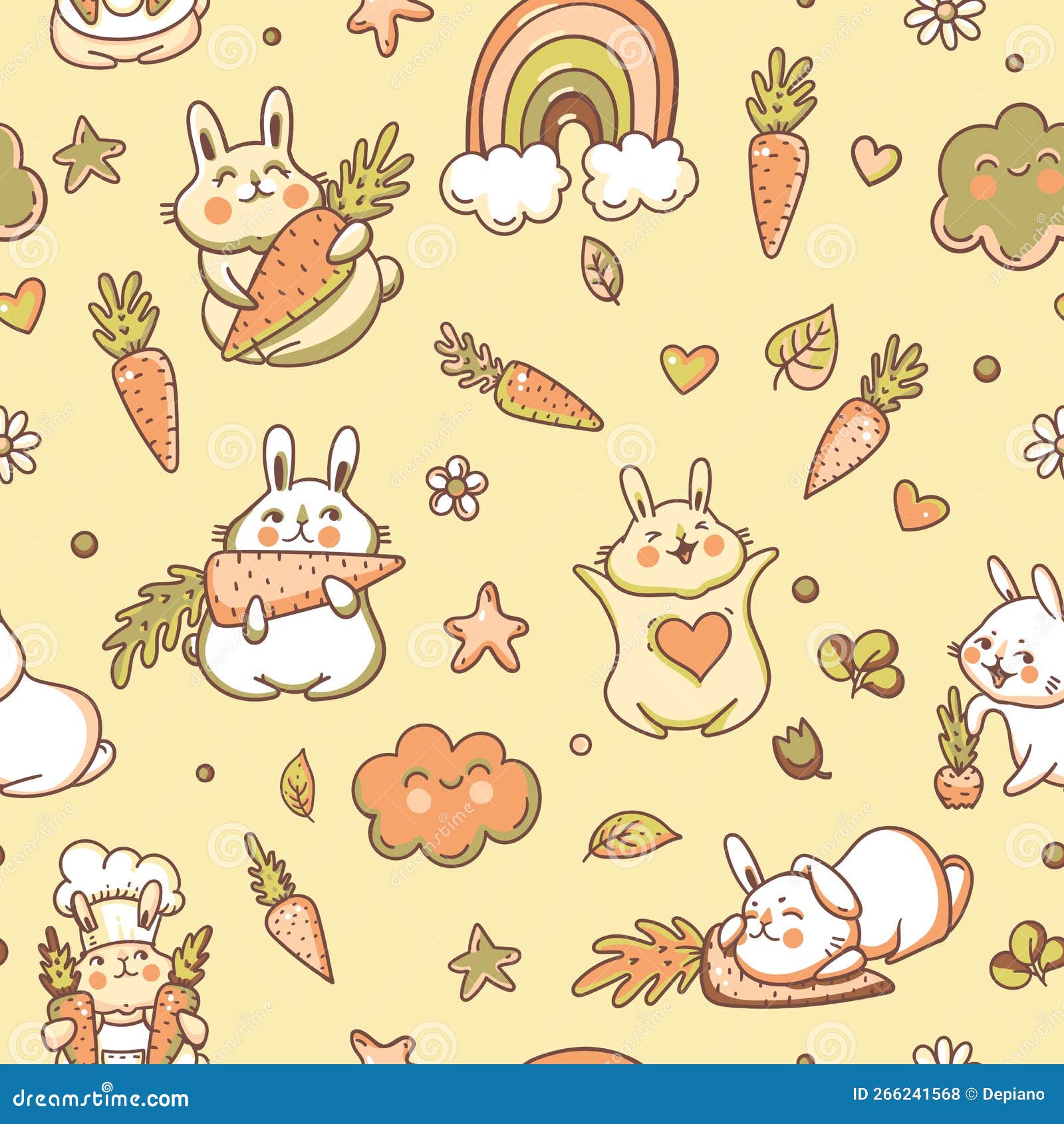 Cute Neutral Doodle Bunny with Rainbow Seamless Pattern Stock ...