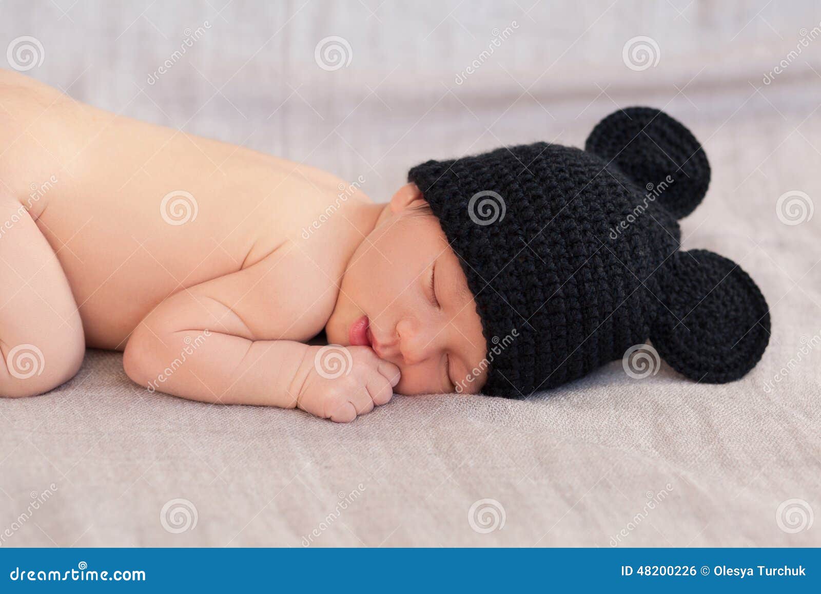 Cute Newborn Baby in Black Mouse Hat Stock Photo - Image of childhood ...