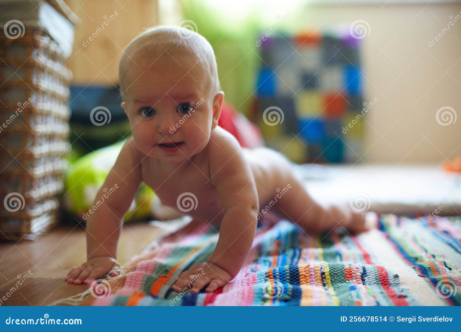 Cute 6 Months Newborn Baby Crawling at Home Stock Photo - Image of ...
