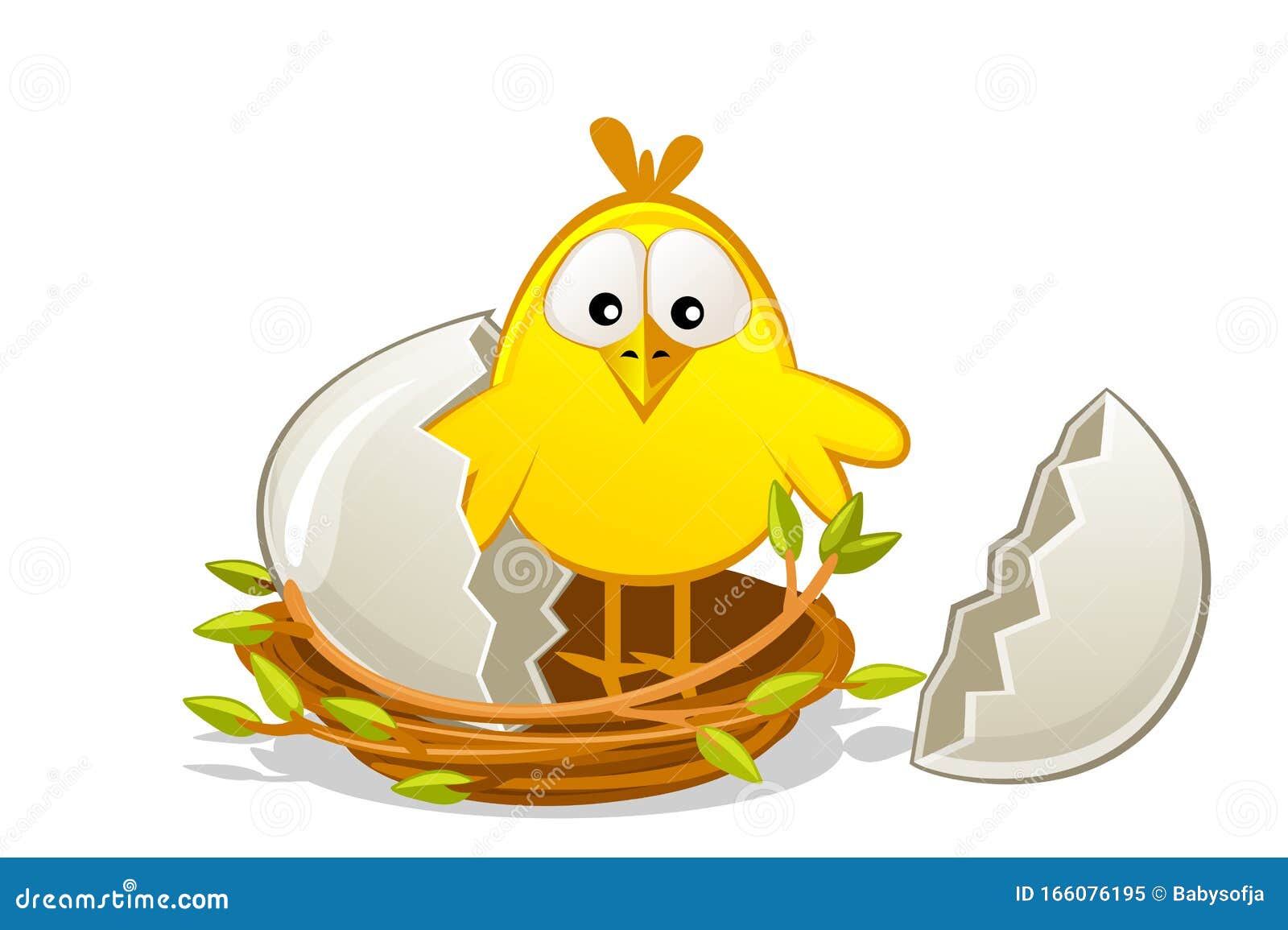 Cute Newborn Chick in a Nest of Twigs. Broken Egg. Happy Easter. Vector ...